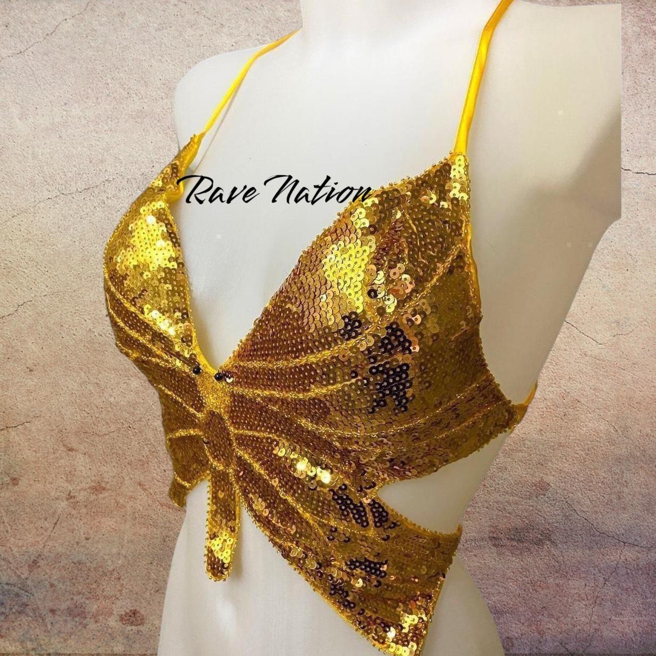 Gold sequin Y2K butterfly top. Gold rave top. Sequin... - Depop
