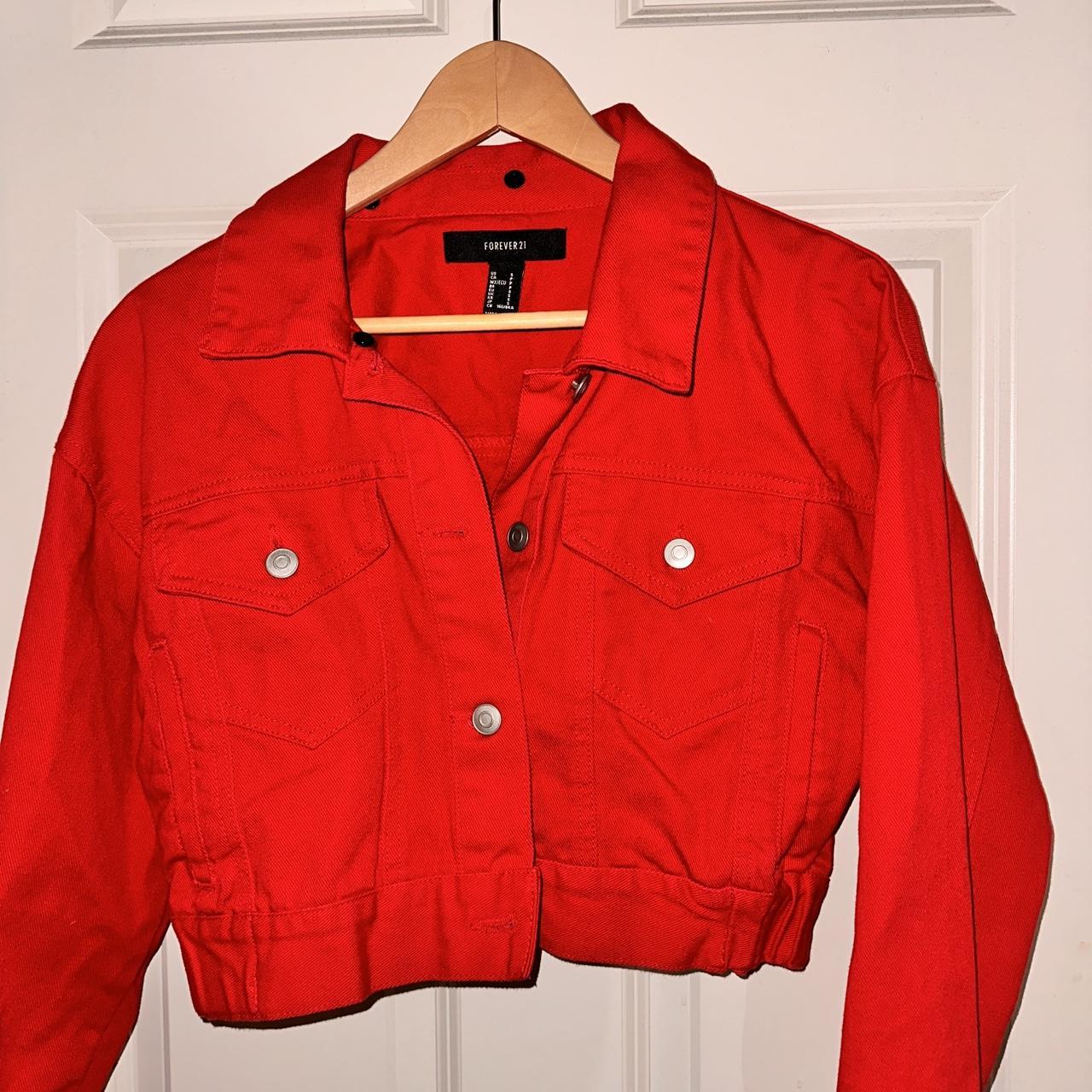 Red Cropped Denim Jacket Sooo flattering and has... - Depop