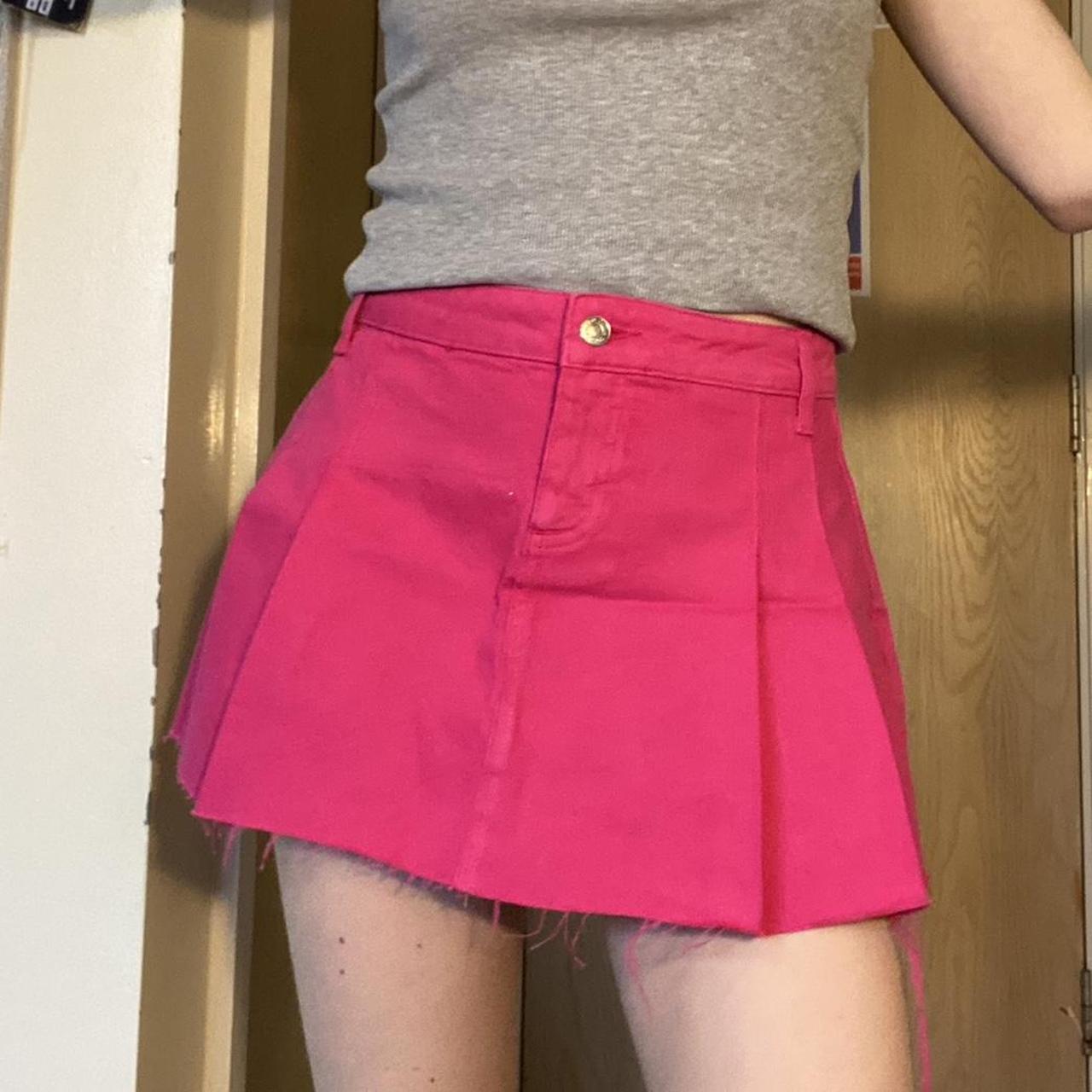 Pink pleated mini denim skirt Primark size... - Depop