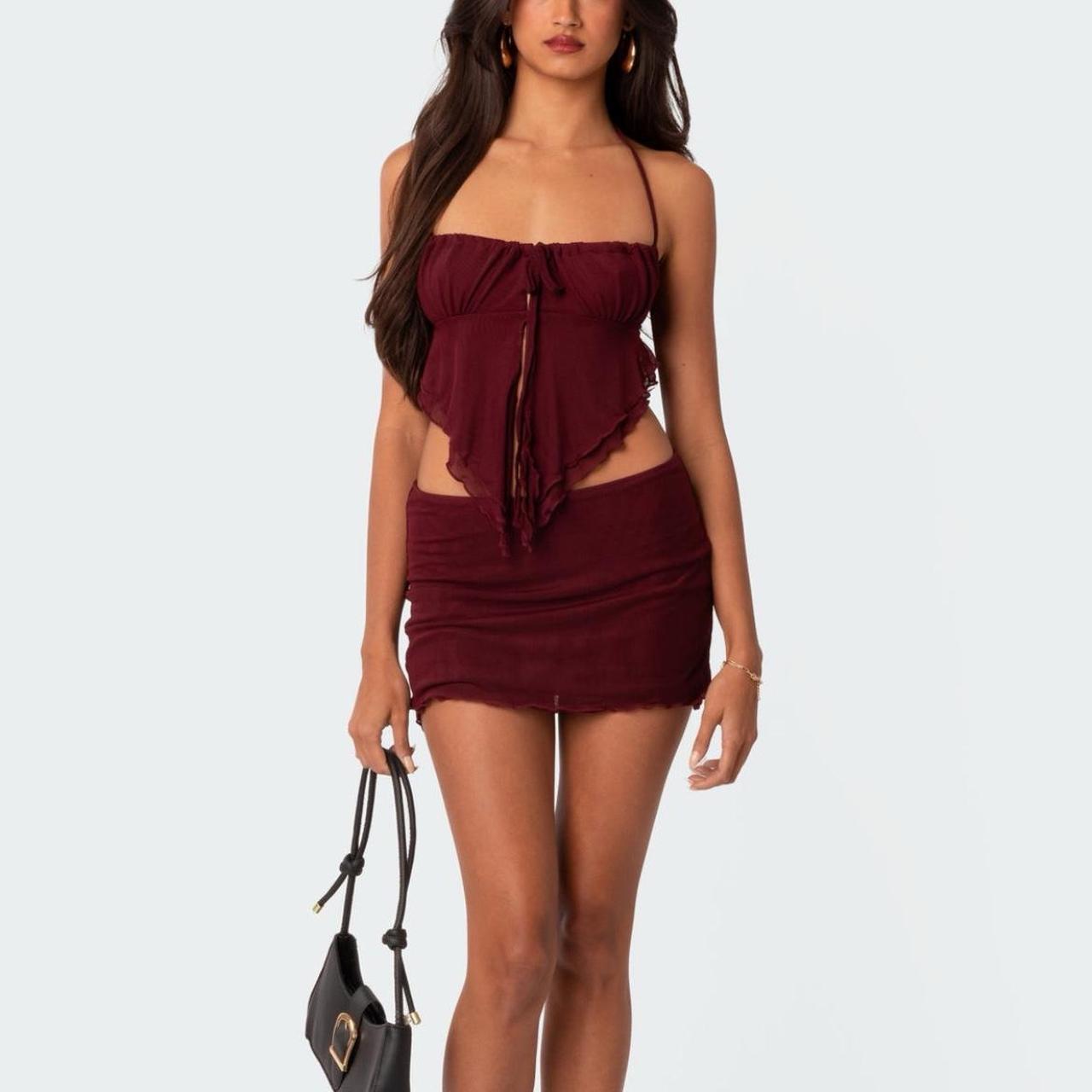 Edikted red set so cute!! ariyah mesh mini skirt and... - Depop