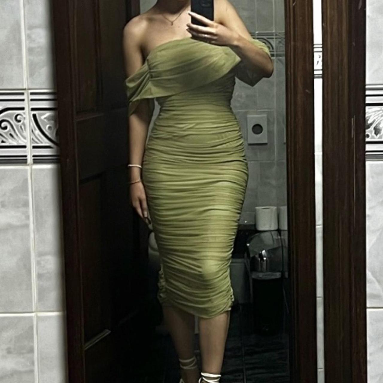 Missguided ruched green midi dress Size UK 8 Hardly... - Depop