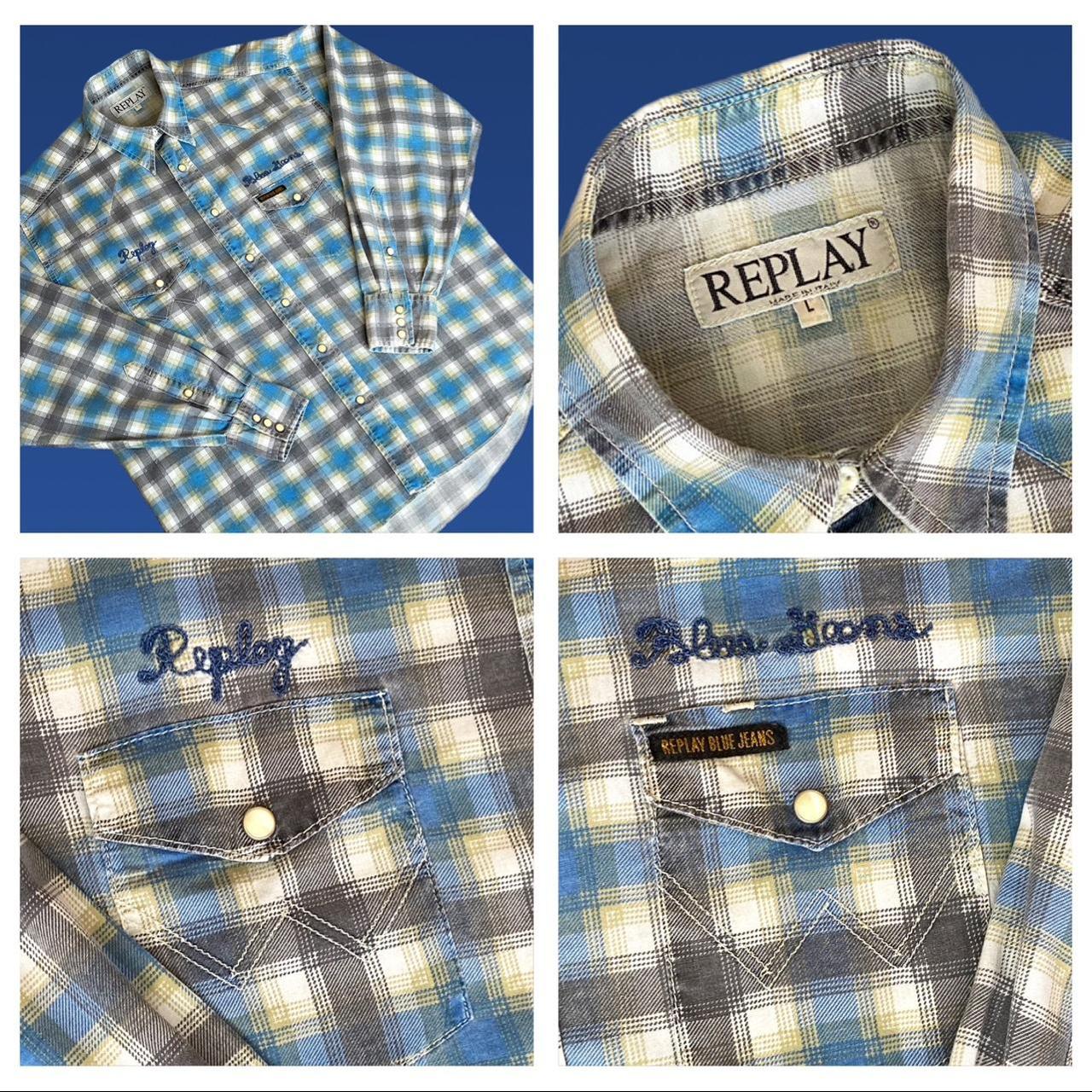 Replay Men's Blue and Grey Shirt | Depop