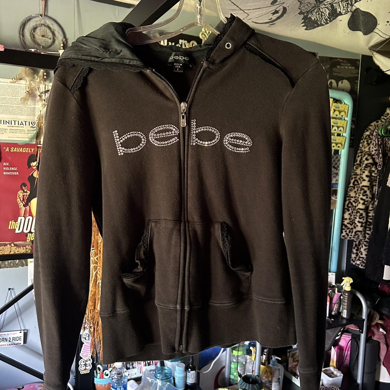 black bebe zip up hoodie!! rhinestone logo and lace... - Depop