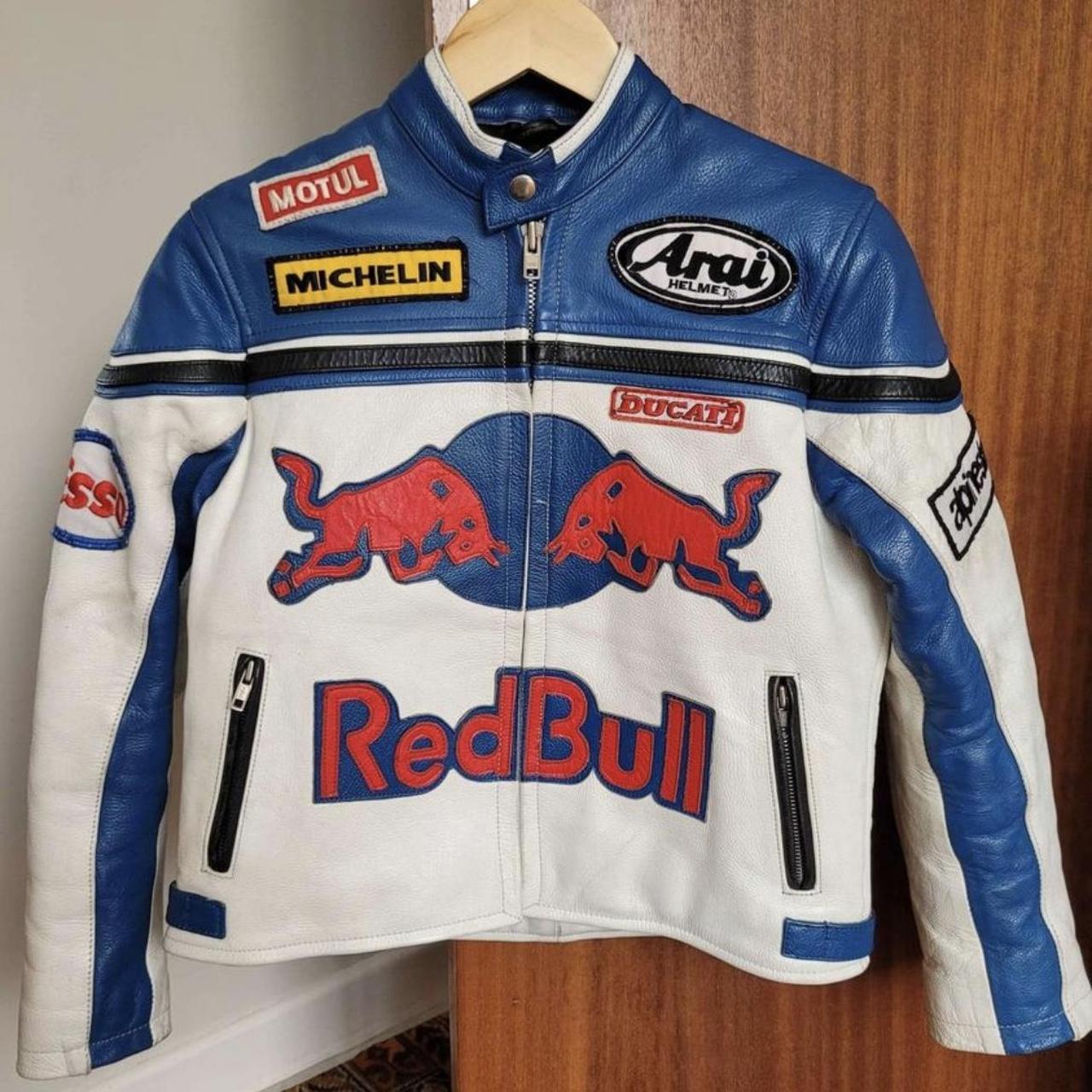 vintage red bull biker jacket real authentic... - Depop