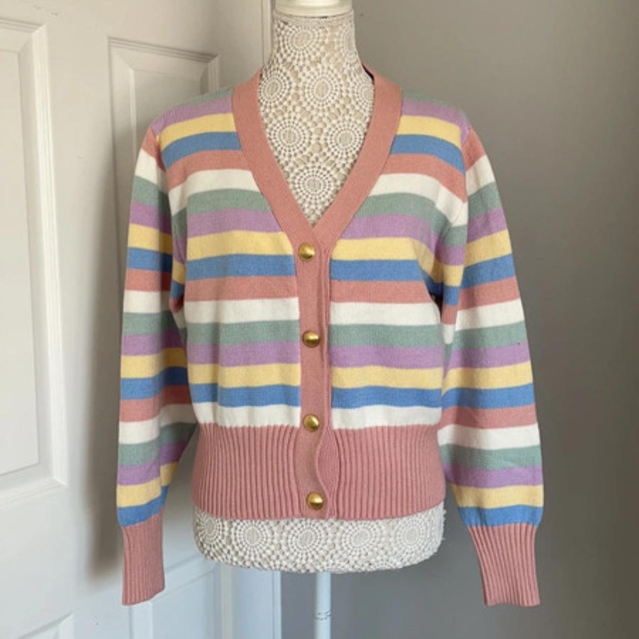 Pastel Rainbow Stripe Knitted Cardigan with Balloon... - Depop