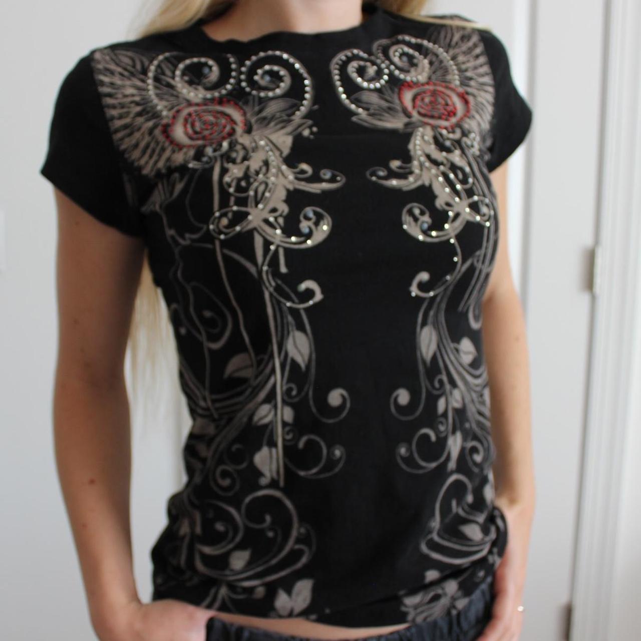 GRUNGE RED AND BLACK BEDAZZLED FORM FITTING TEE... - Depop