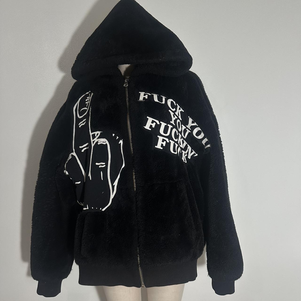 Black Furr middle finger jacket #y2k... - Depop