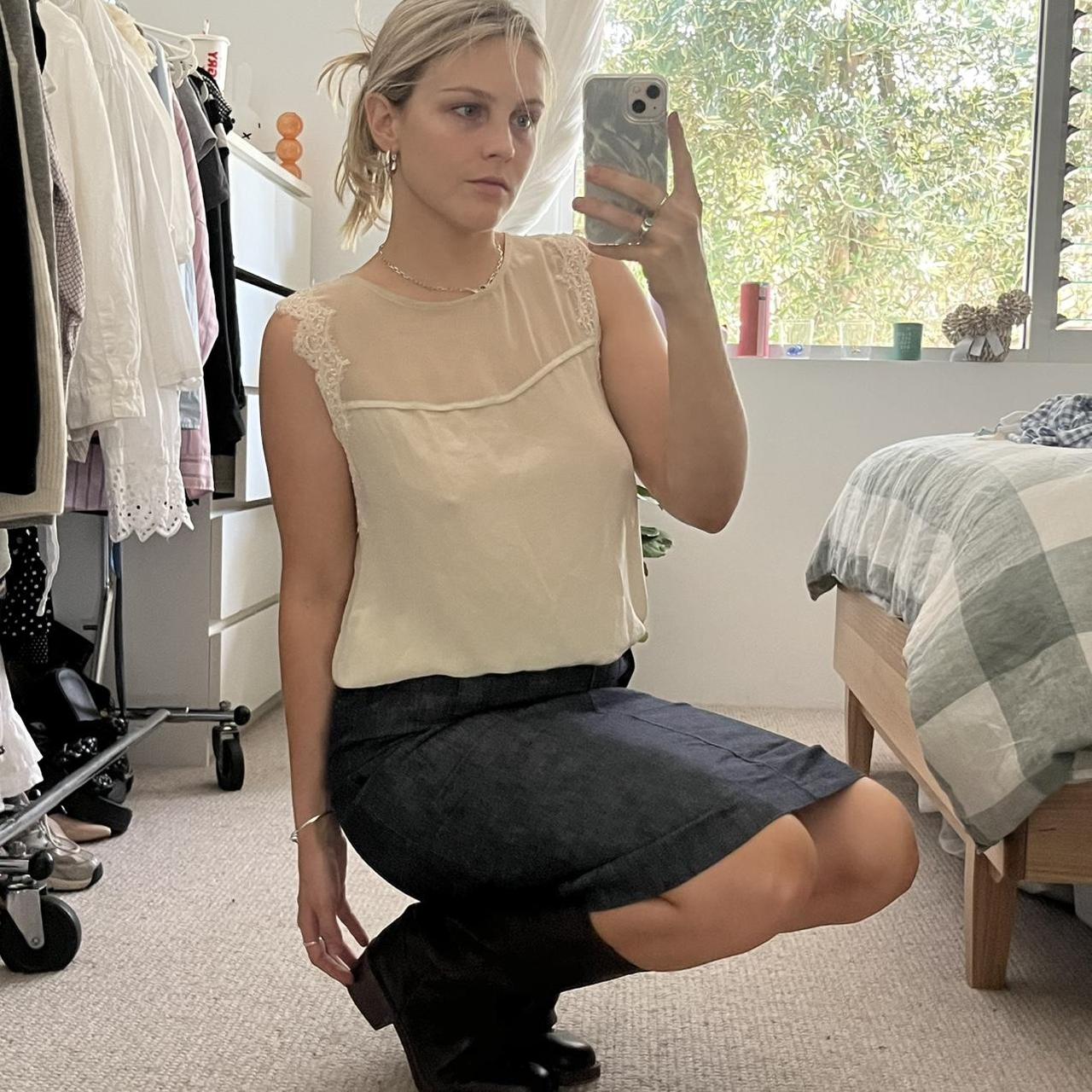 Cream silk top with sheer décolletage area and... | Depop