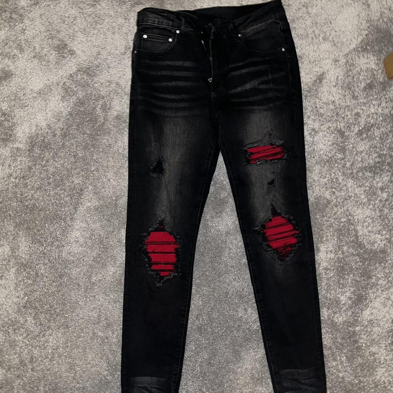 Men’s Black and Red Jeans Excellent Condition,... - Depop