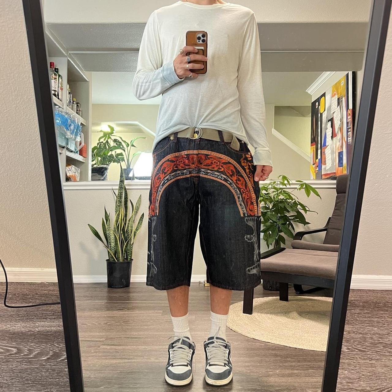 evisu style baggy jean shorts y2k (size 42)... - Depop