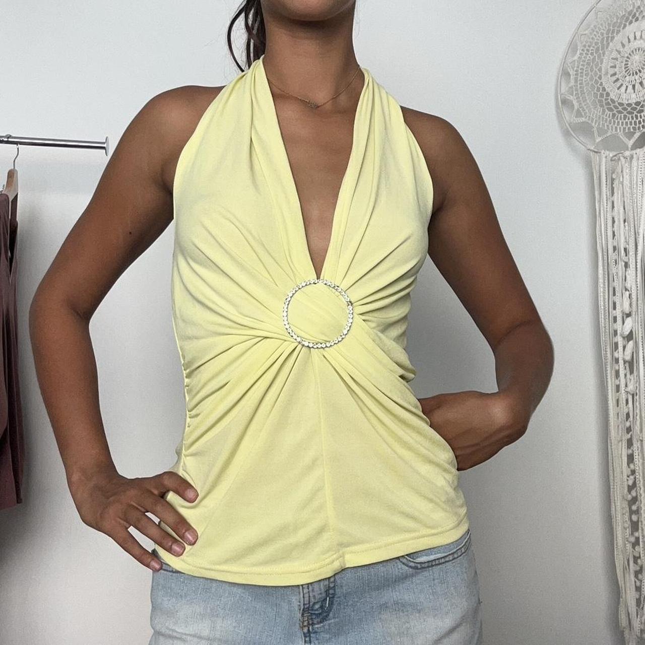 Vintage butter yellow halter neck top Y2K Stretchy... - Depop