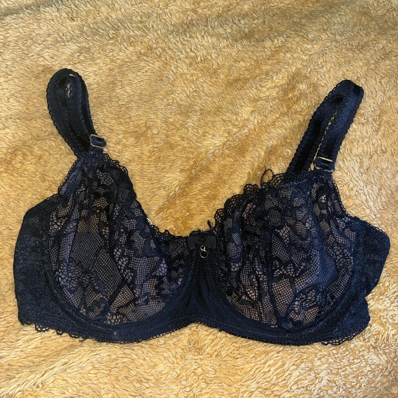 Black lace underwired mesh unmoulded bra Ann... - Depop
