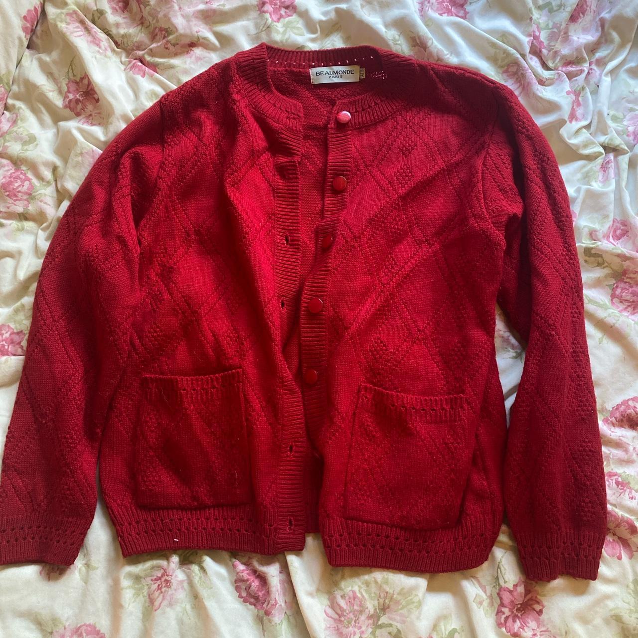 Deep Beaumonde Paris red wool cardigan,vintage, worn... - Depop