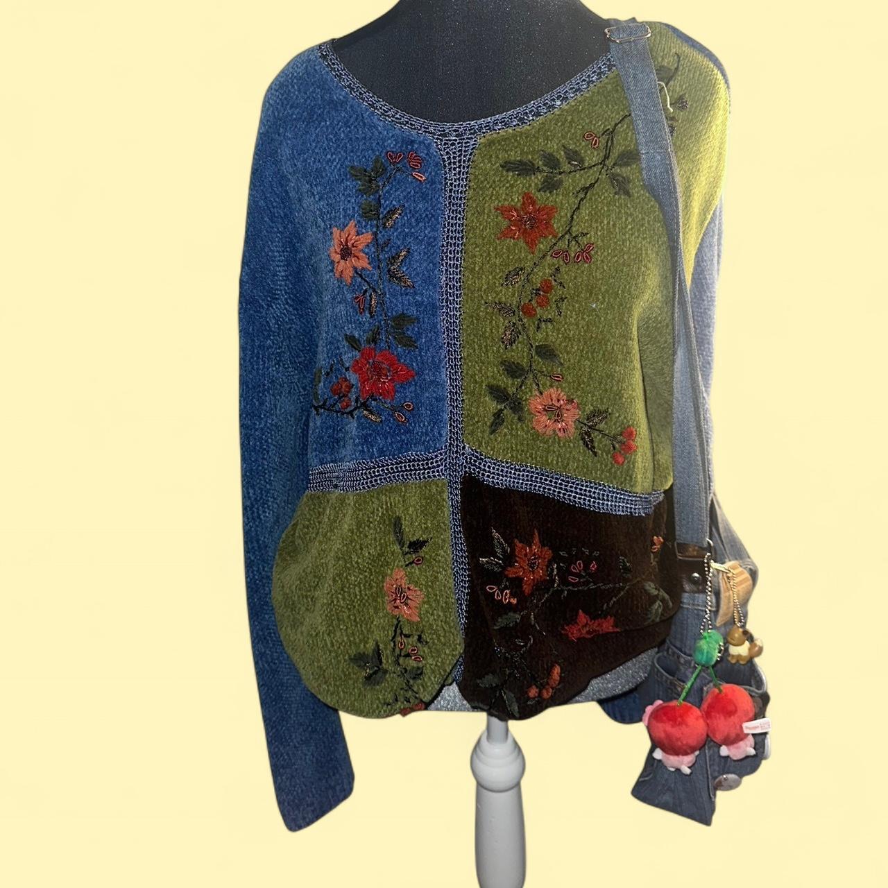 Blue and green patchwork sweater with floral... | Depop