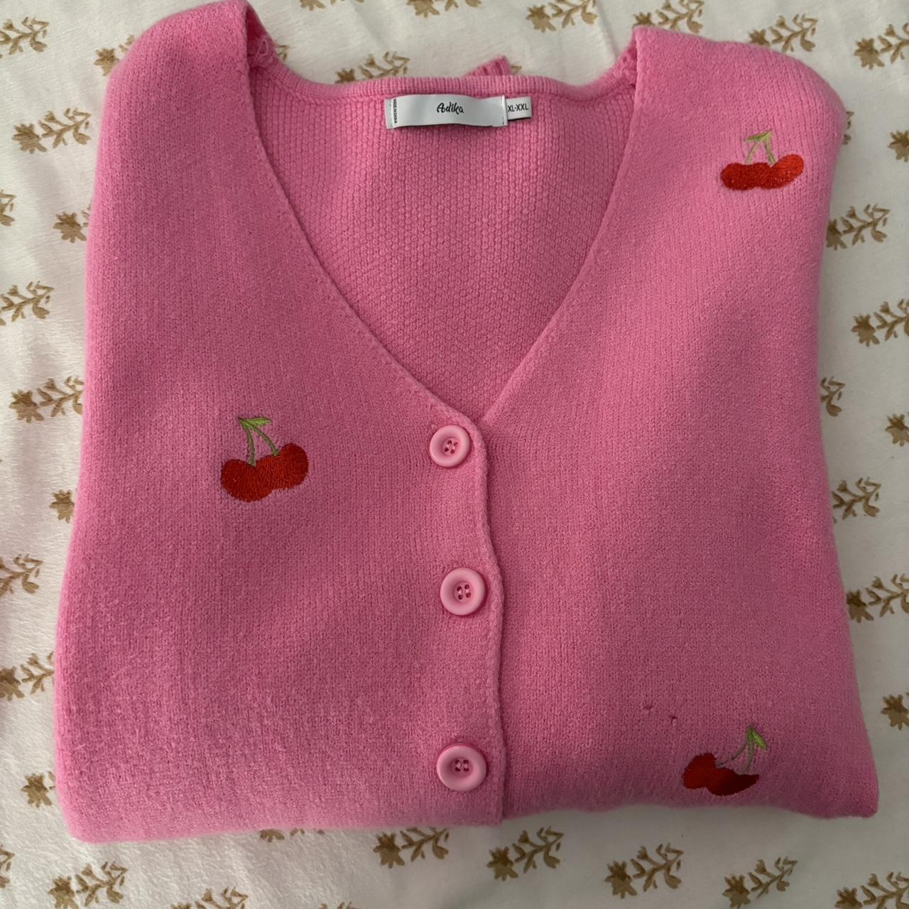 Adika pink cherry cardigan - small holes seen in... | Depop
