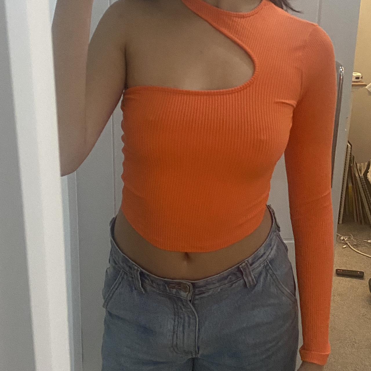 Bershka orange one sleeve top asymmetrical... - Depop