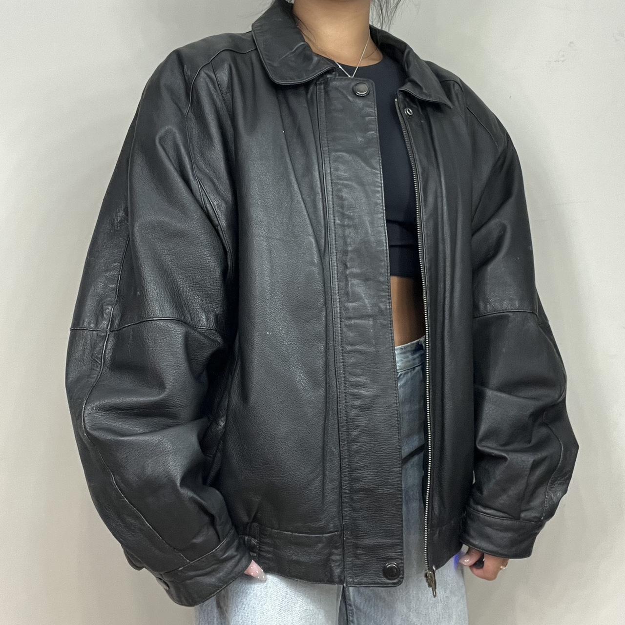 Vintage 90s leather bomber jacket. Very oversized... - Depop