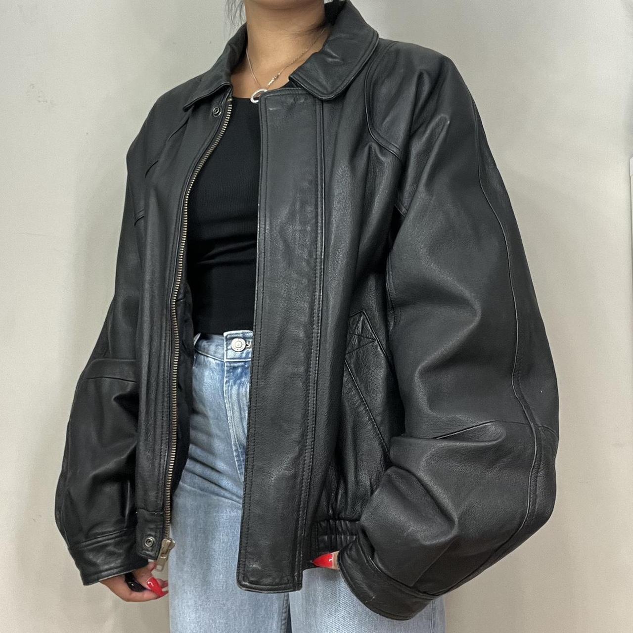 Vintage 90s leather bomber jacket. Very oversized... - Depop