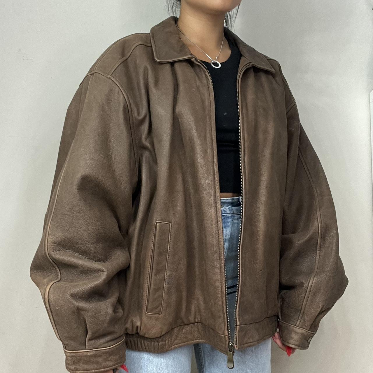 Vintage 90s leather bomber jacket. Very oversized... - Depop