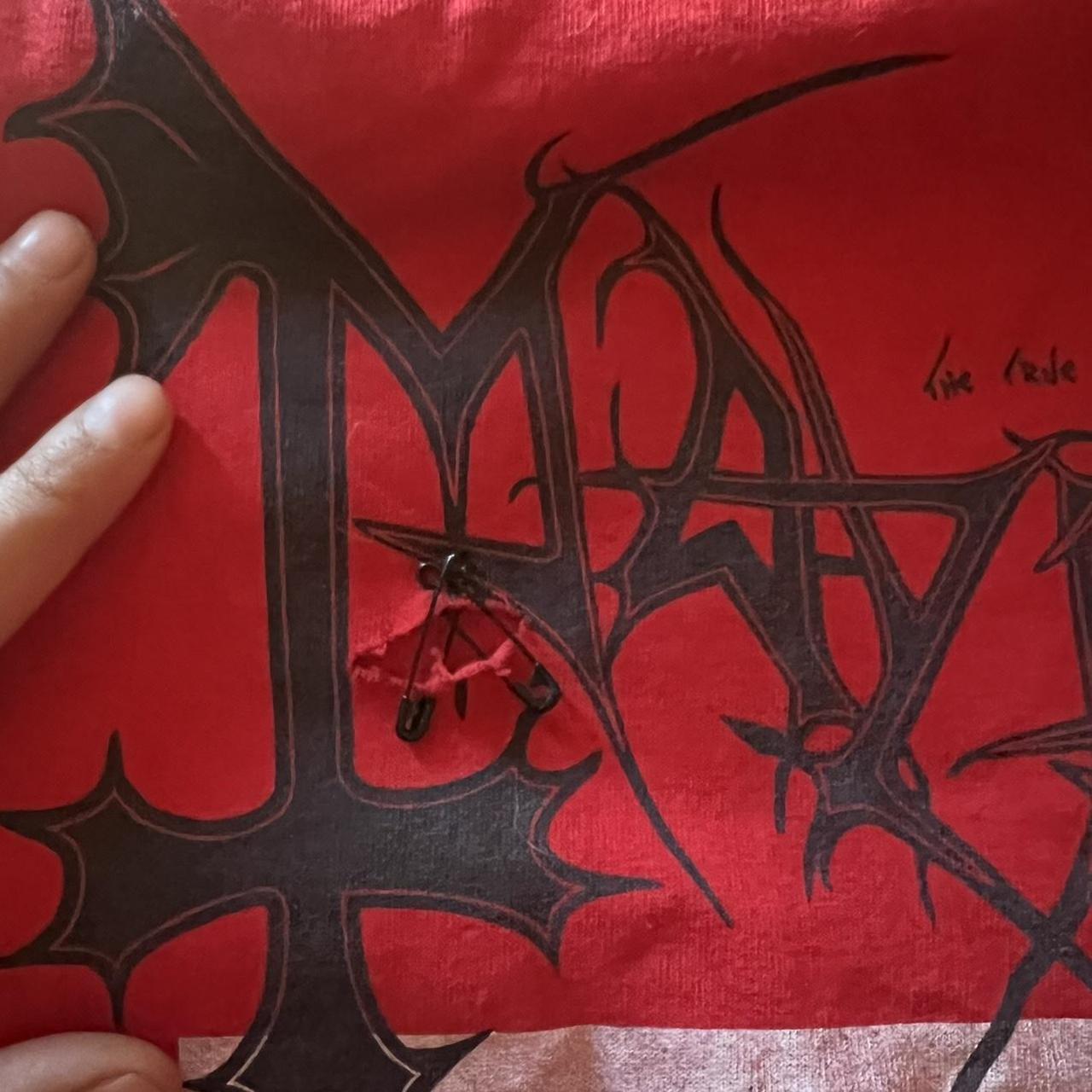 Red mayhem t shirt, holes and cut off at the bottom,... - Depop