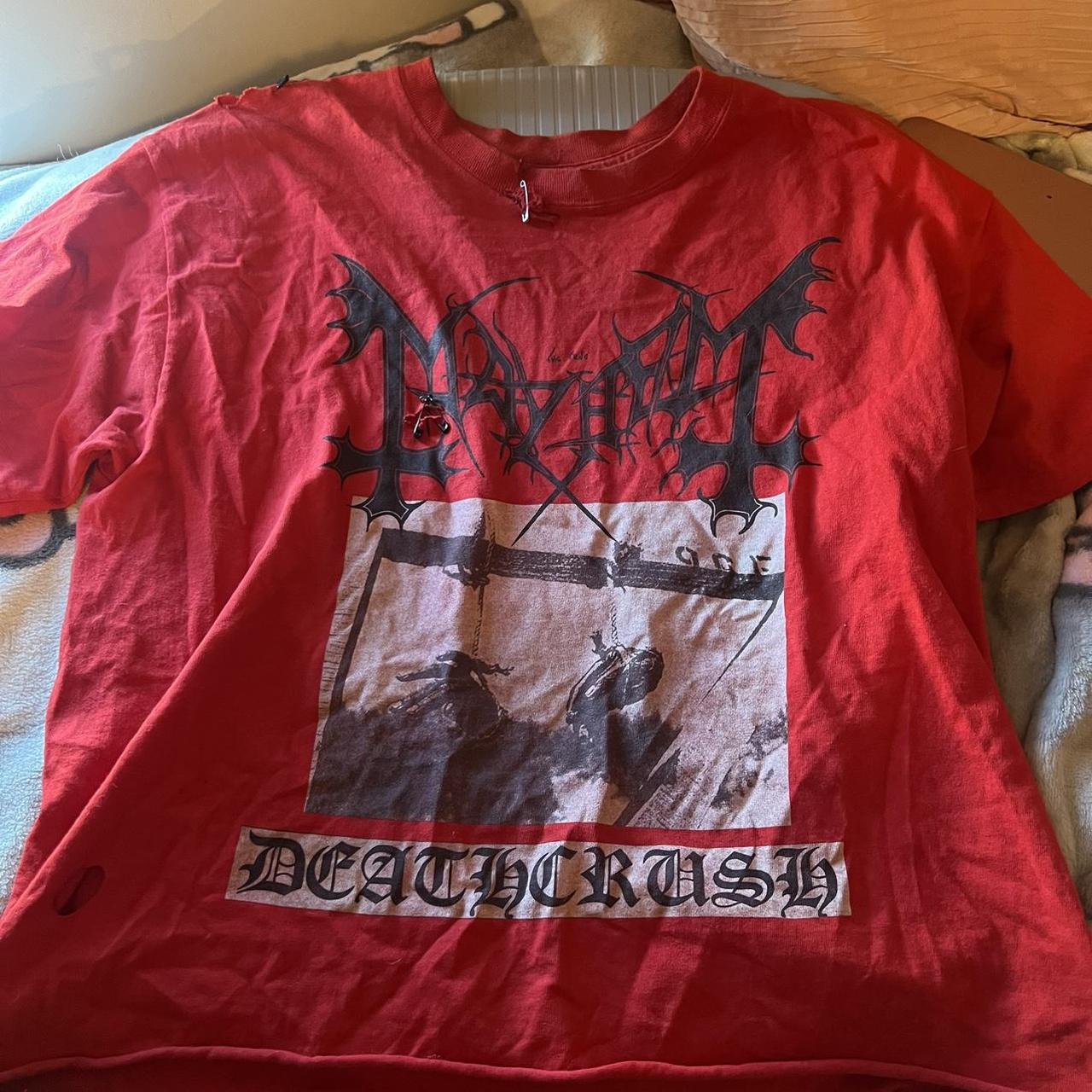 Red mayhem t shirt, holes and cut off at the bottom,... - Depop