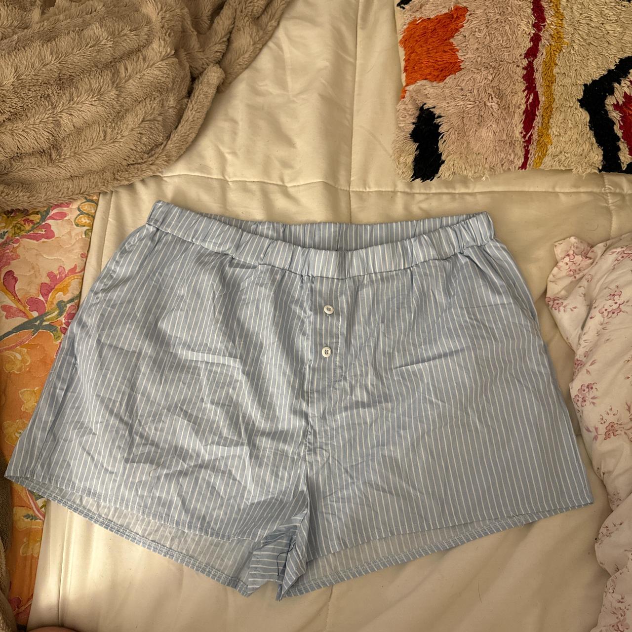 Blue & White Stripped Boxer Shorts Women’s Size... - Depop