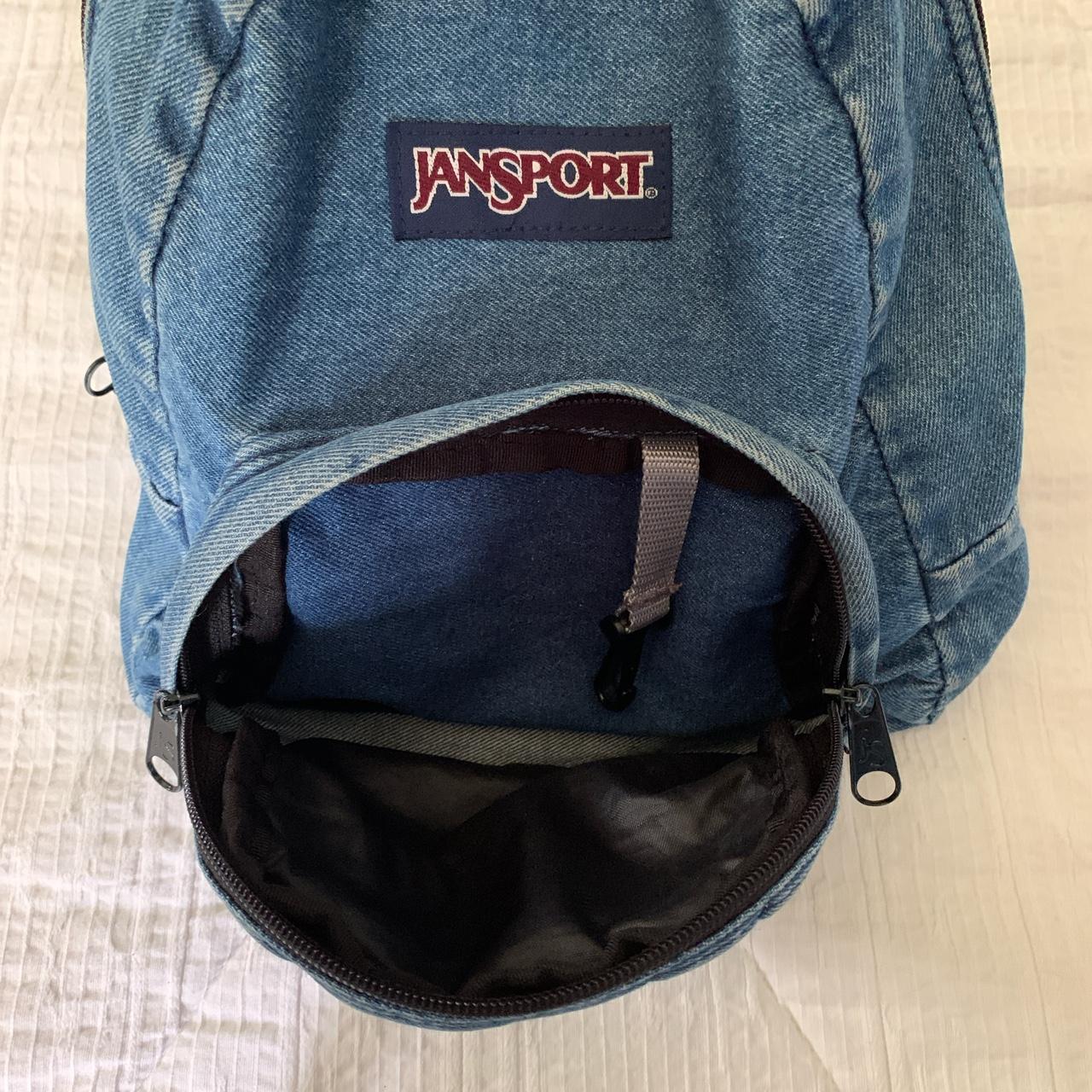 vintage jansport denim mini backpack blue in color,... - Depop