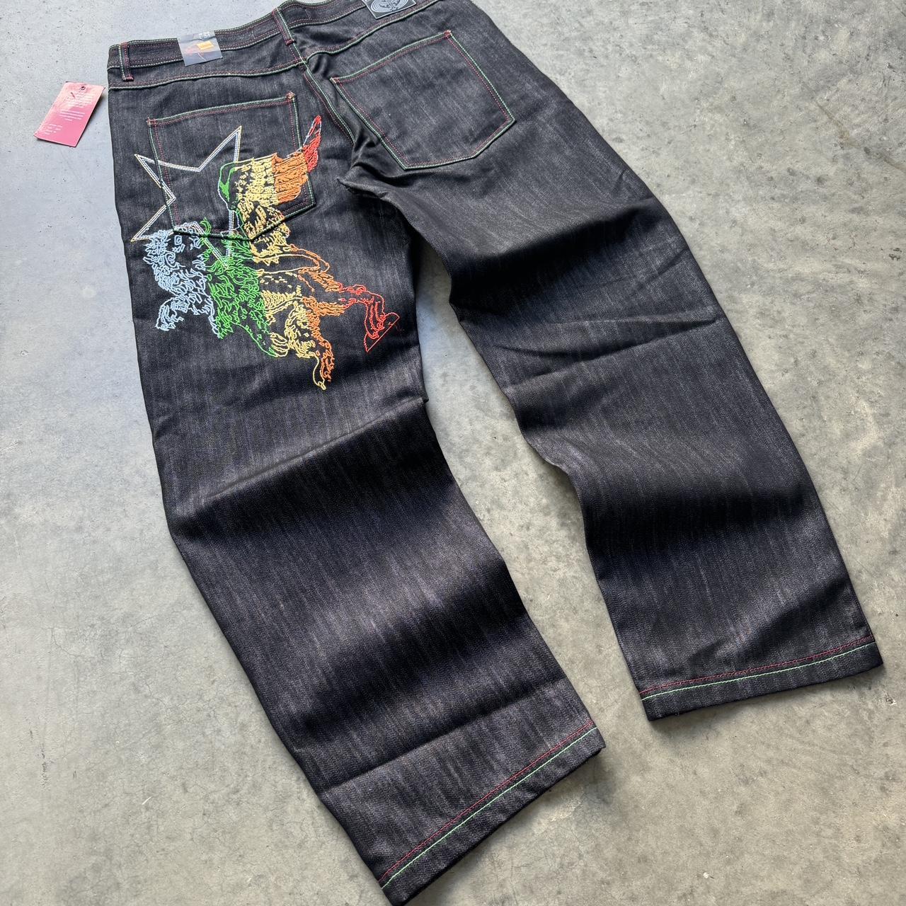 y2k Baggy Embroidered Bob Marley Black Akcess Jeans... - Depop