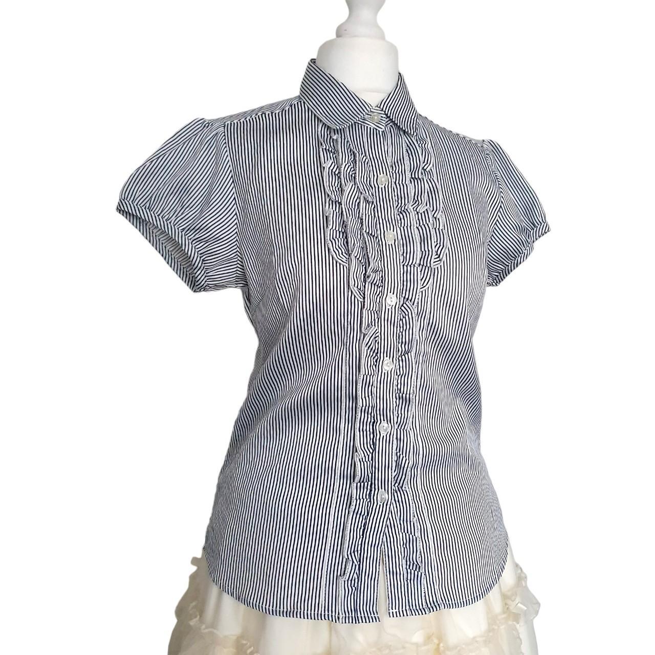 Y2K Striped Ruffle Blouse • White and blue striped... - Depop