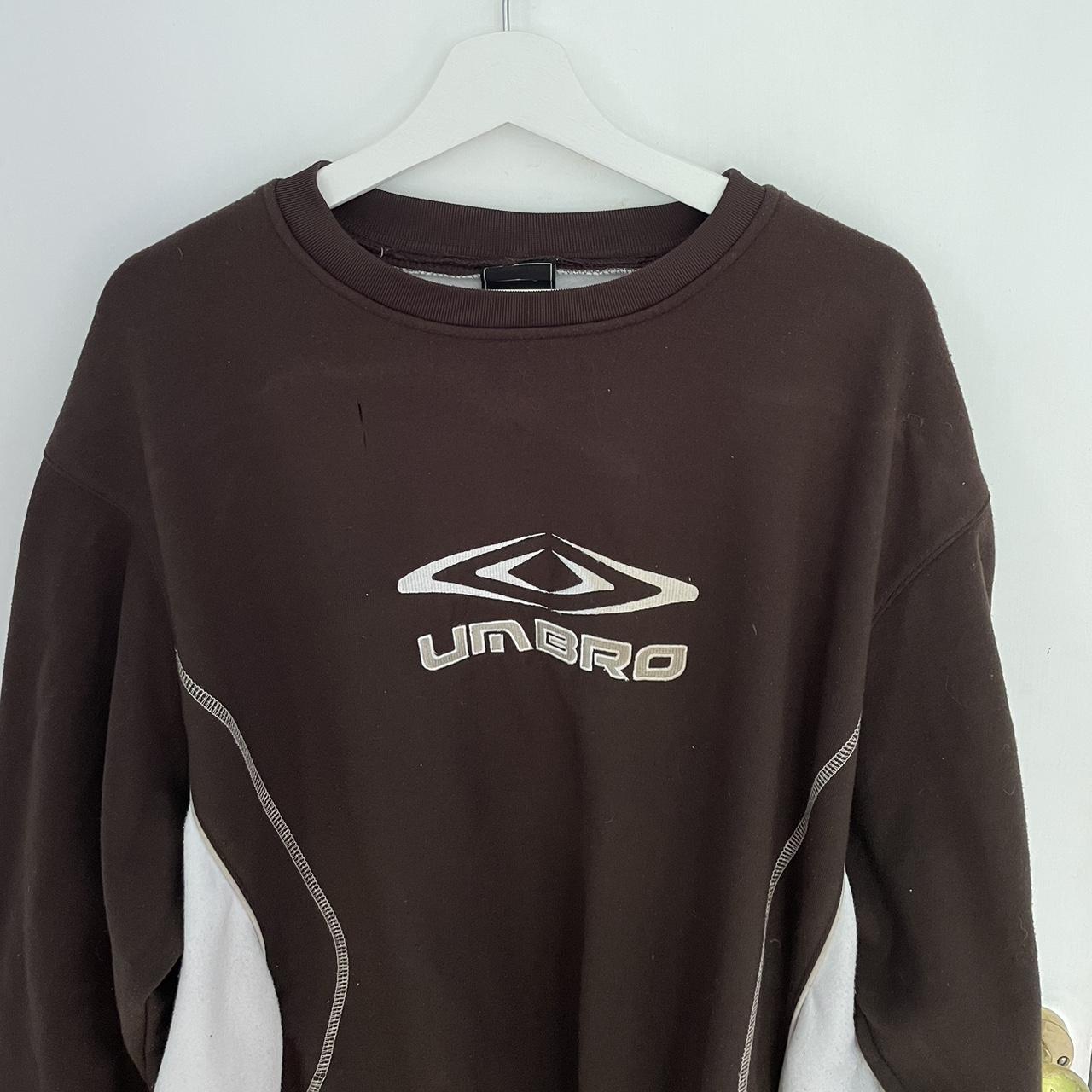 Vintage retro Umbro brown and white jumper Size XXL... - Depop