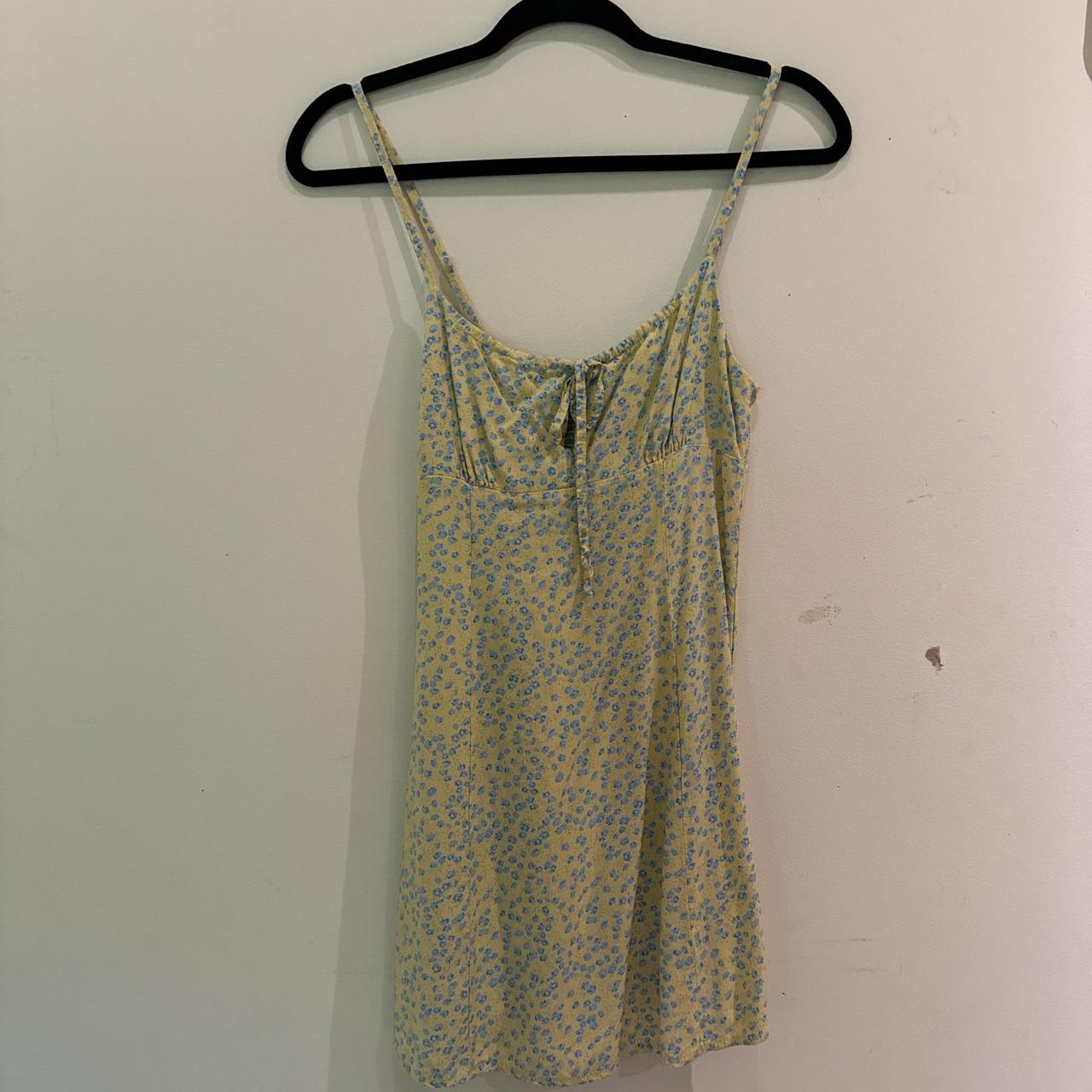 subdued mini dress cute yellow and blue flowers... - Depop
