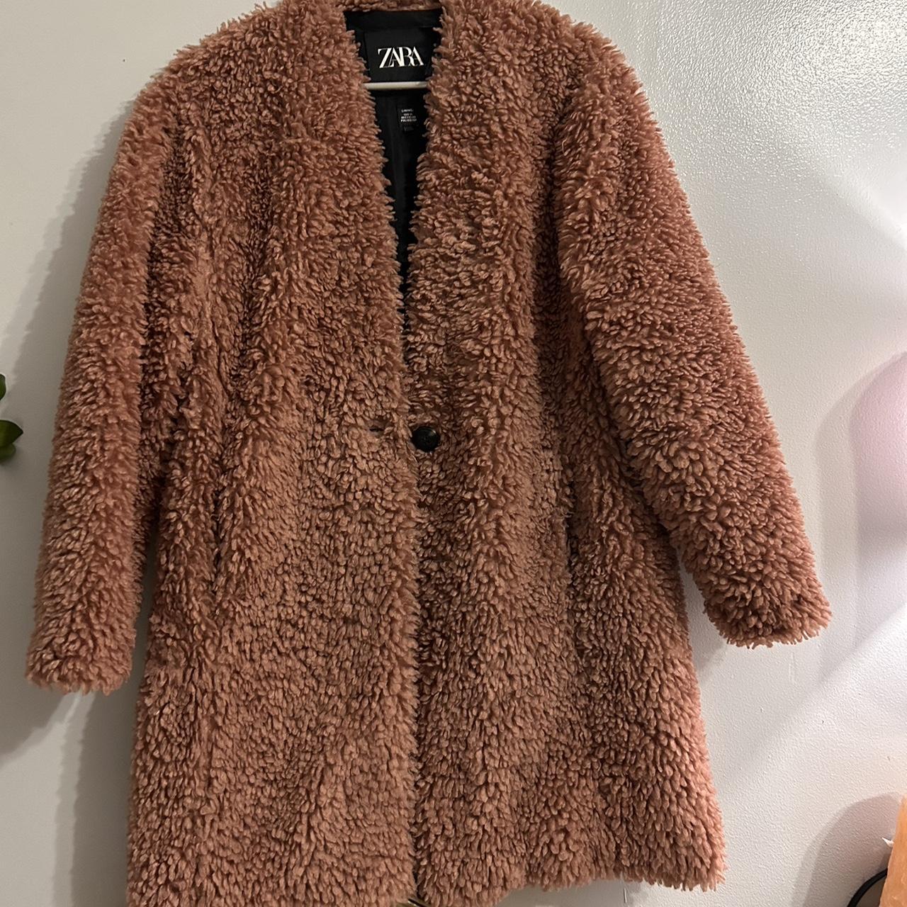 Zara Pink teddy trench coat - Depop