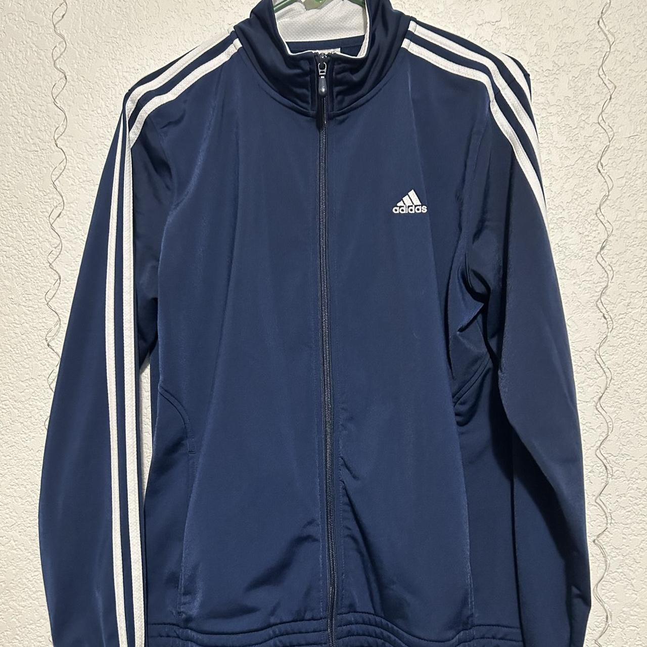 Adidas navy blue track jacket zip up size Large in... - Depop