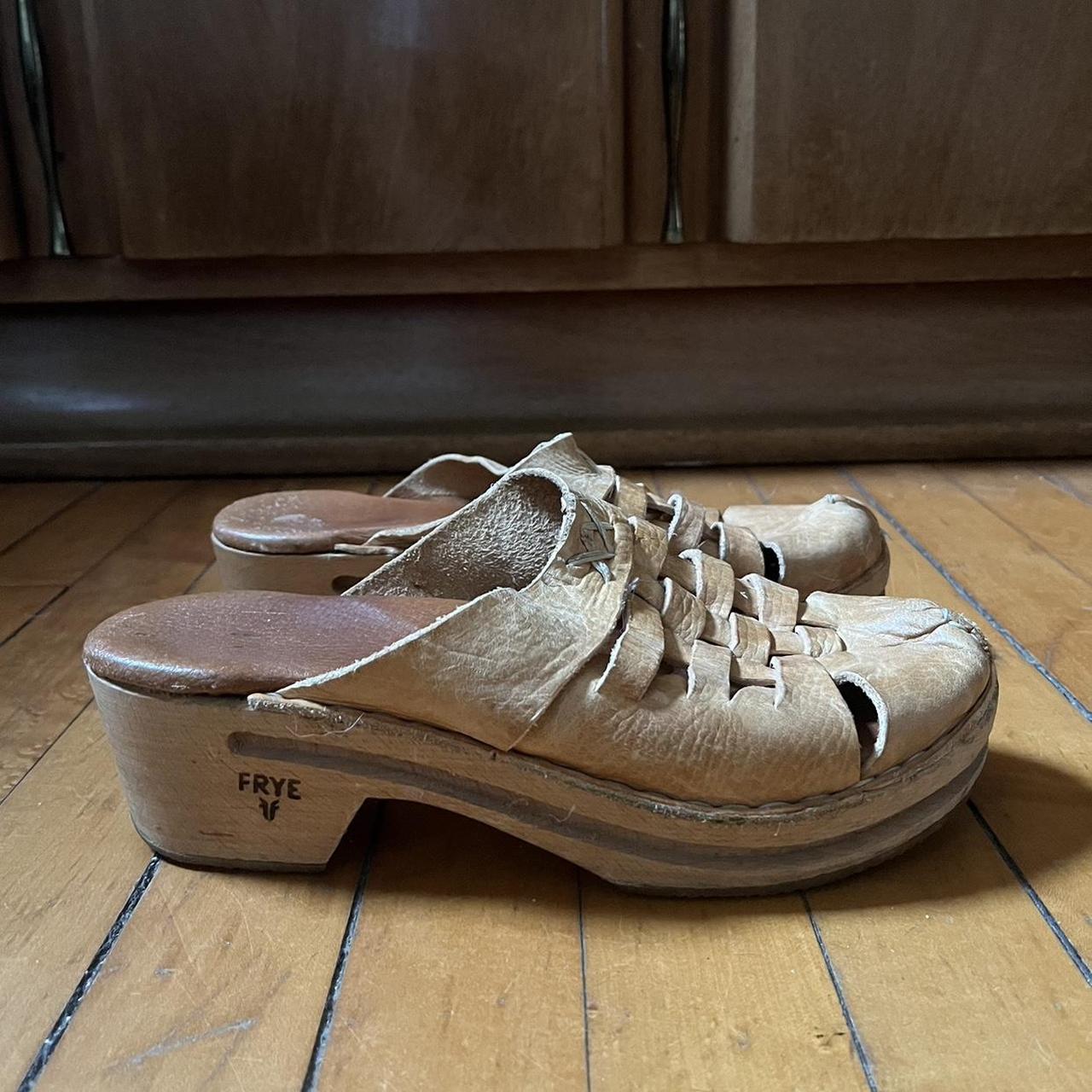 Vintage Frye Woven Leather Clogs Clogs have a wooden... - Depop