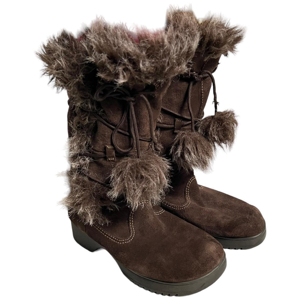 y2k fuzzy boots, brown suede with faux fur cuff and... - Depop