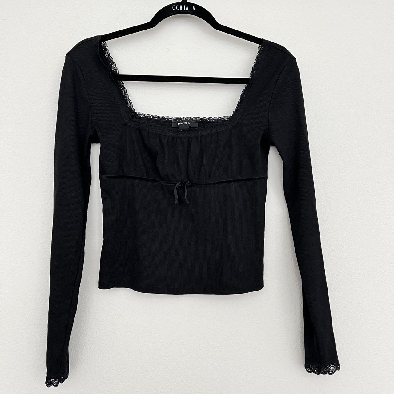 Black F21 long sleeve semi crop top with lace... - Depop