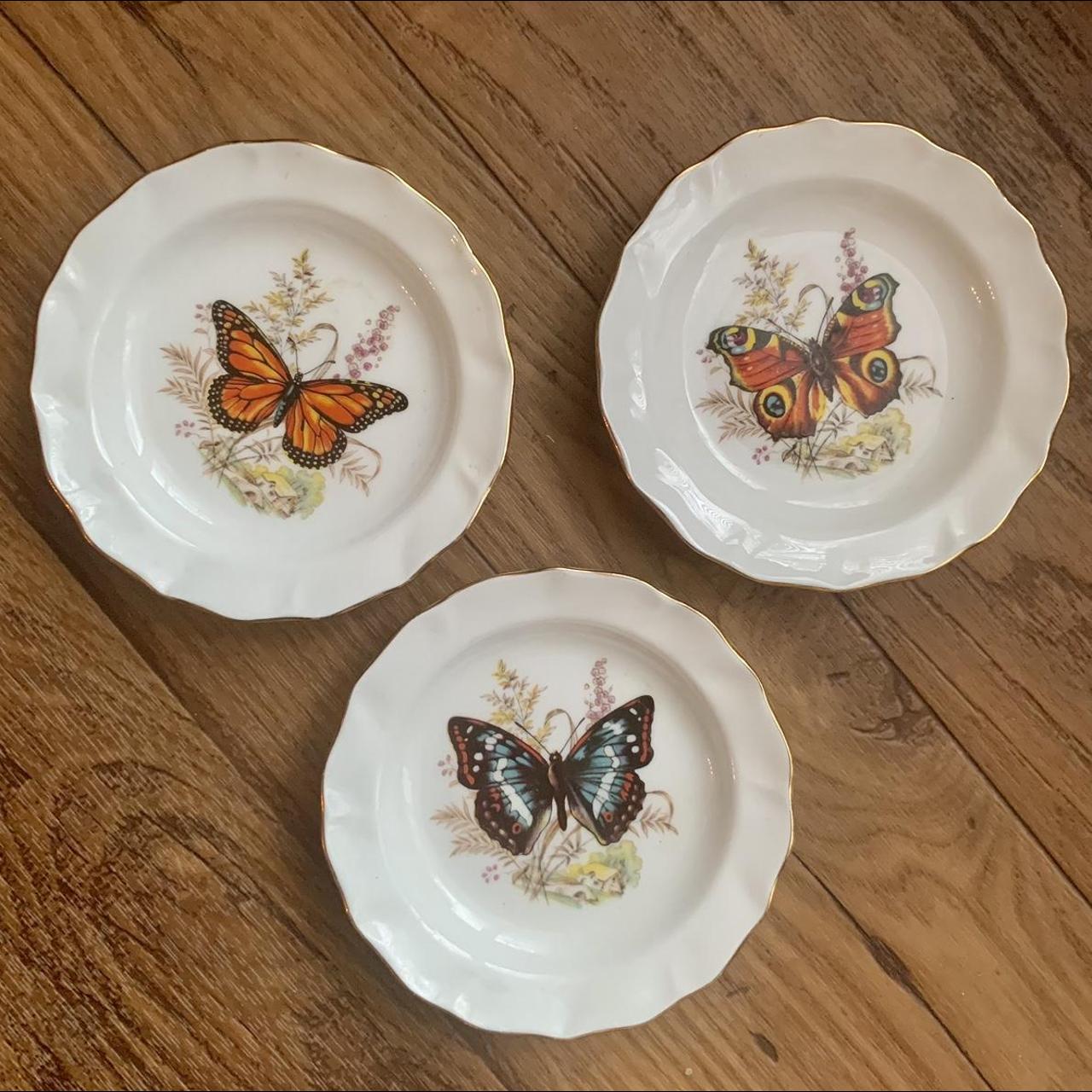 Set of 3 butterfly plates trinket trays with gold trim - Depop