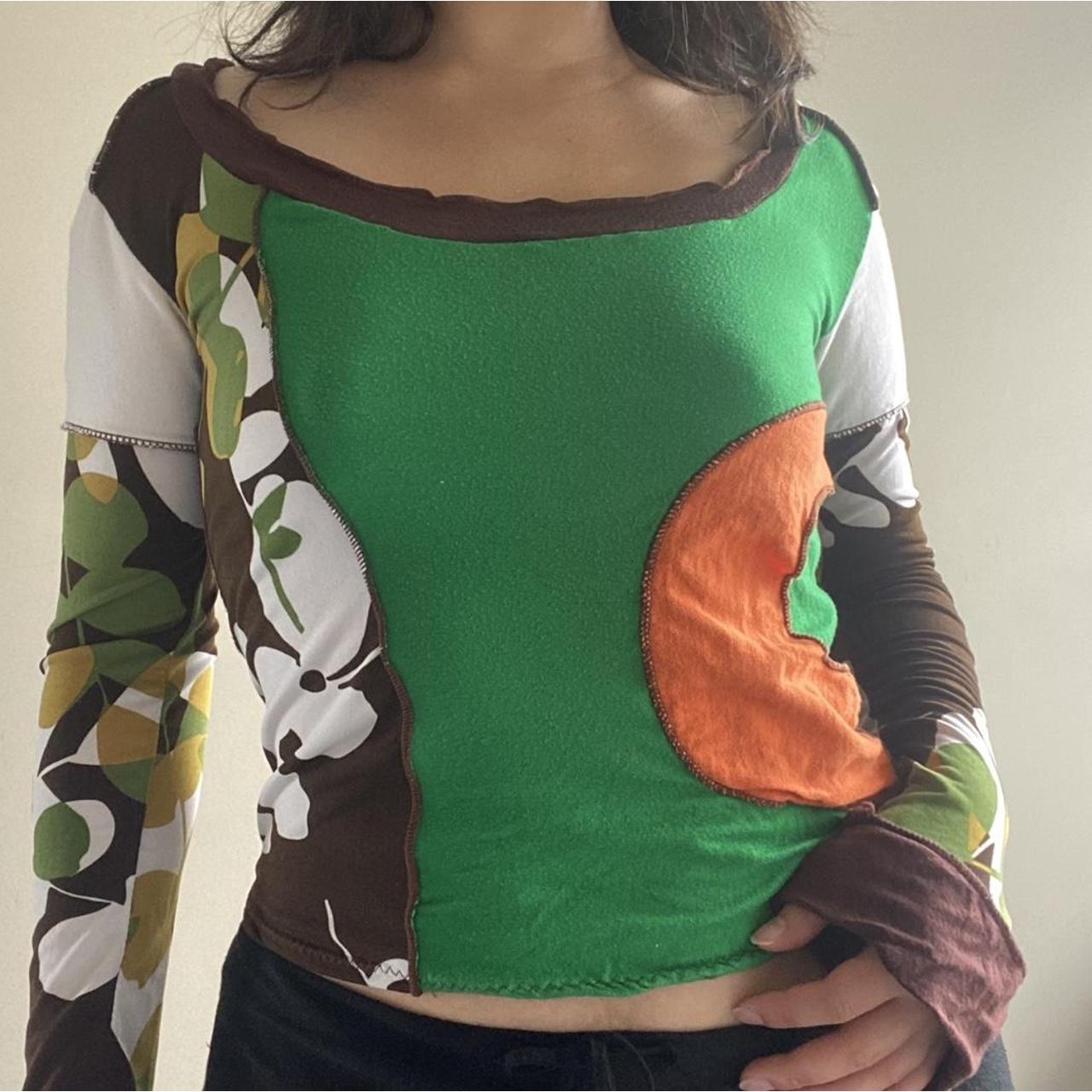 patchwork fitted long sleeve top interesting... - Depop