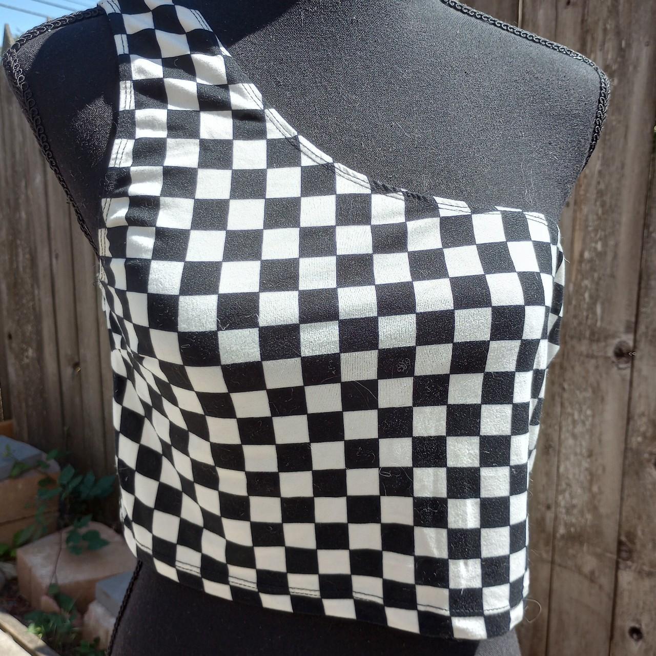 Black and white checkered one shoulder top SHEIN... - Depop
