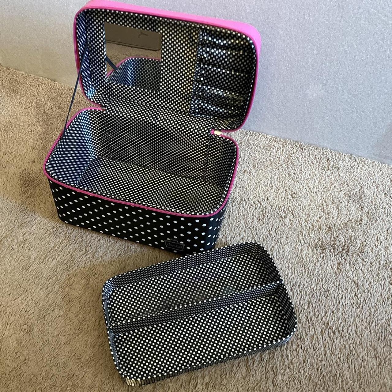 Pink and black/white polka dot Caboodle makeup case.... - Depop