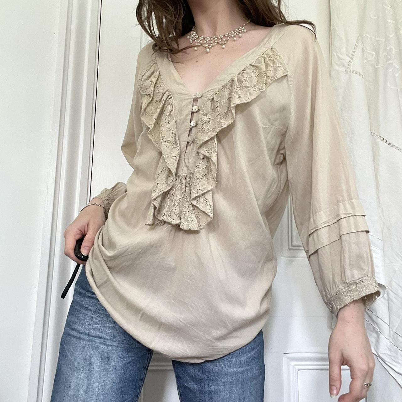 beige lace ruffle shirt 💋 ABOUT THIS ITEM Vintage... - Depop