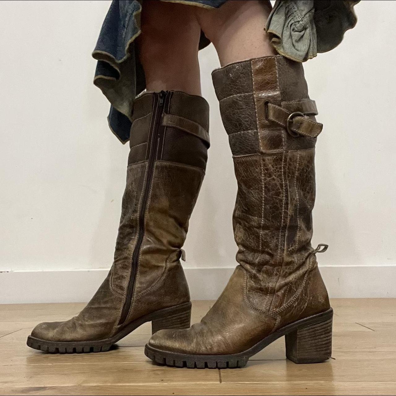 Distressed brown leather fur boots 💋 ABOUT THIS... - Depop