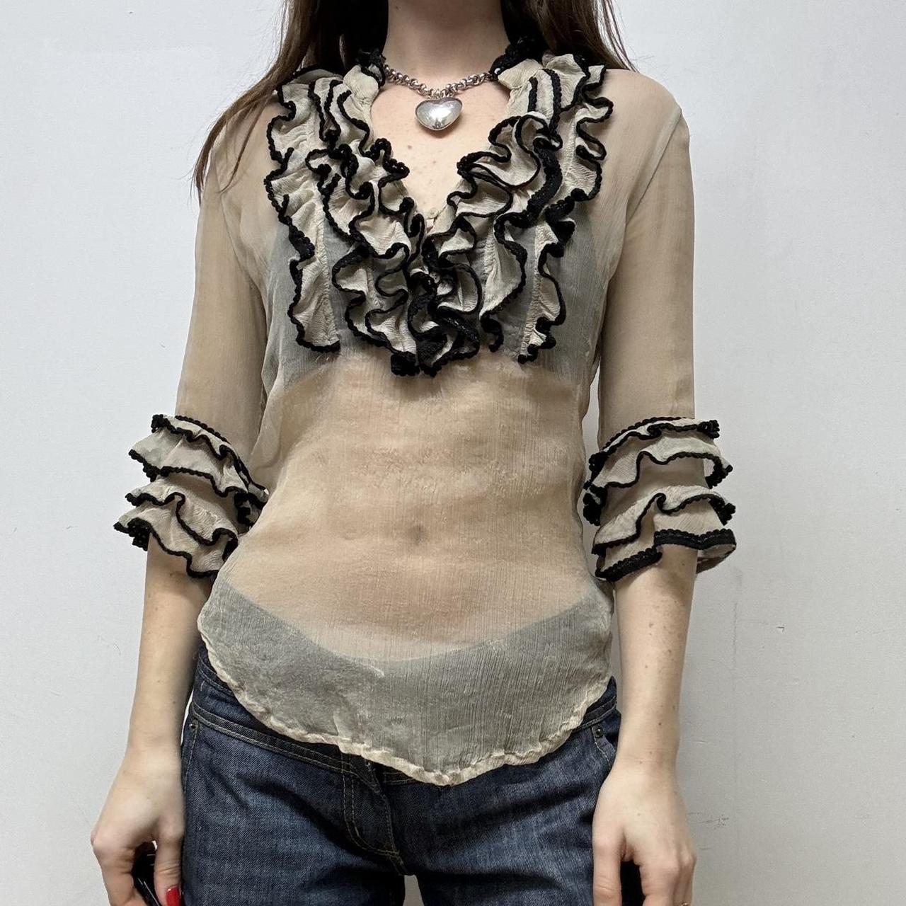 Sheer silk ruffle blouse Vintage coquette lace... - Depop