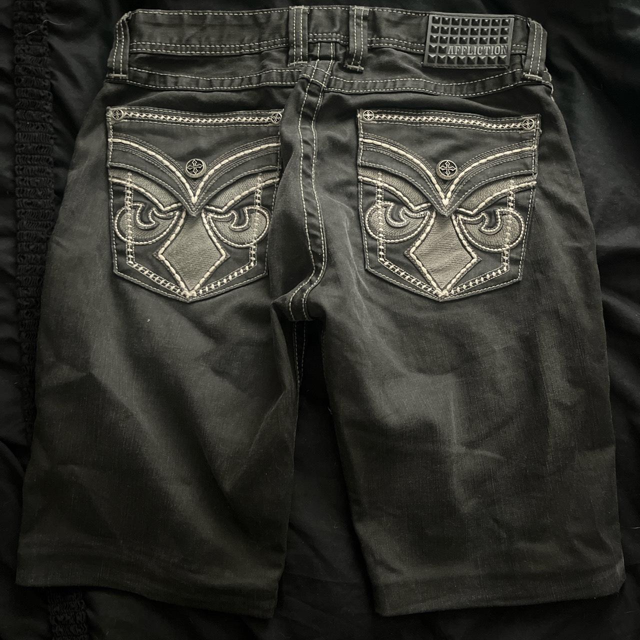 black baggy affliction jorts 🕷 so sick but just too... - Depop