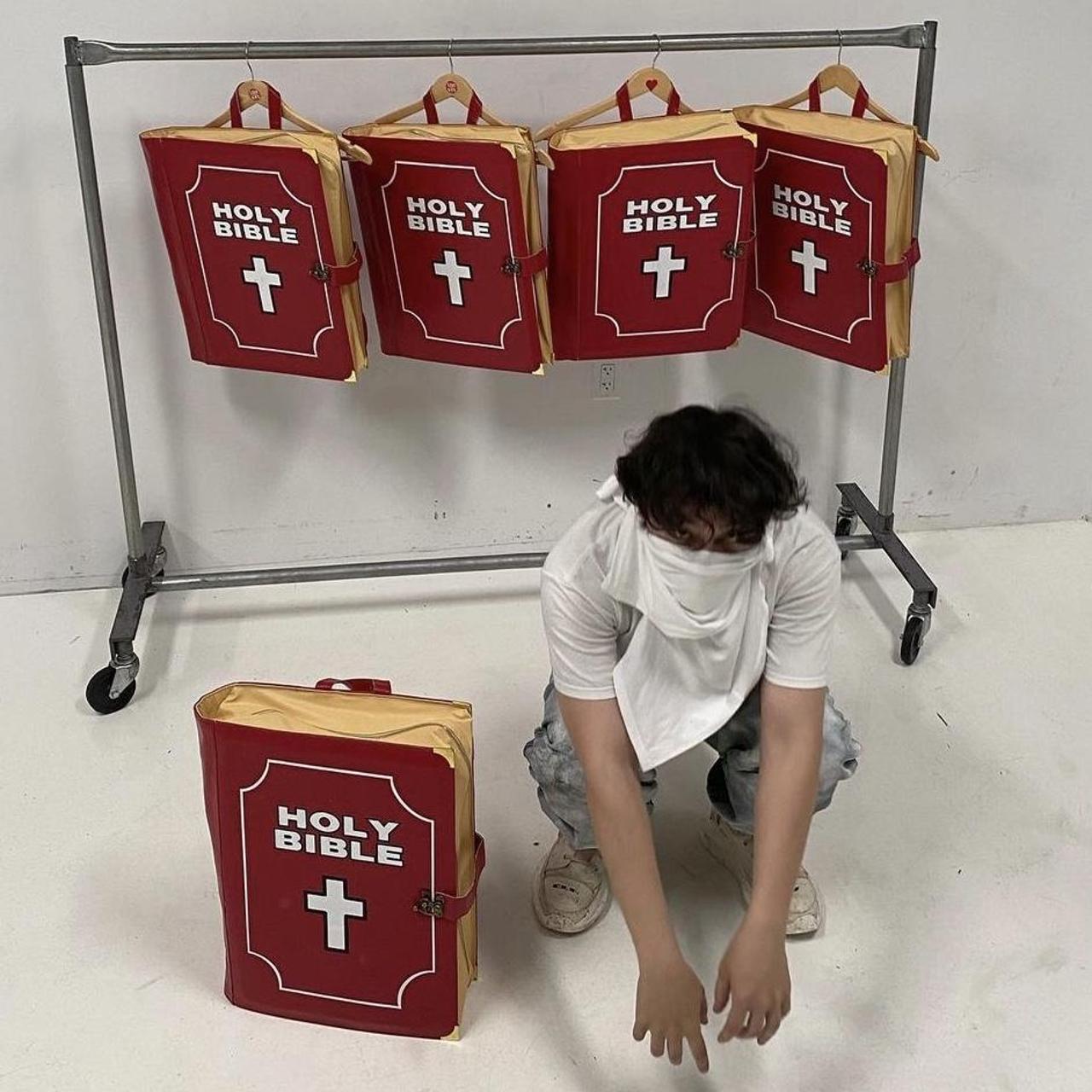 Grimykids red leather holy Bible backpack grunge... - Depop