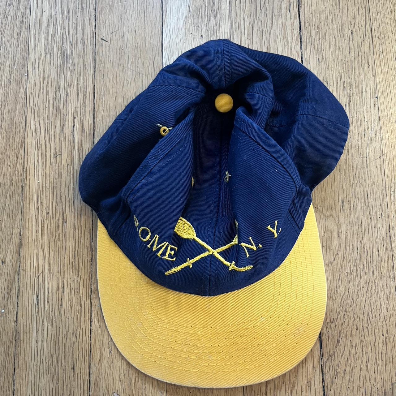 Women's Navy and Yellow Hat | Depop
