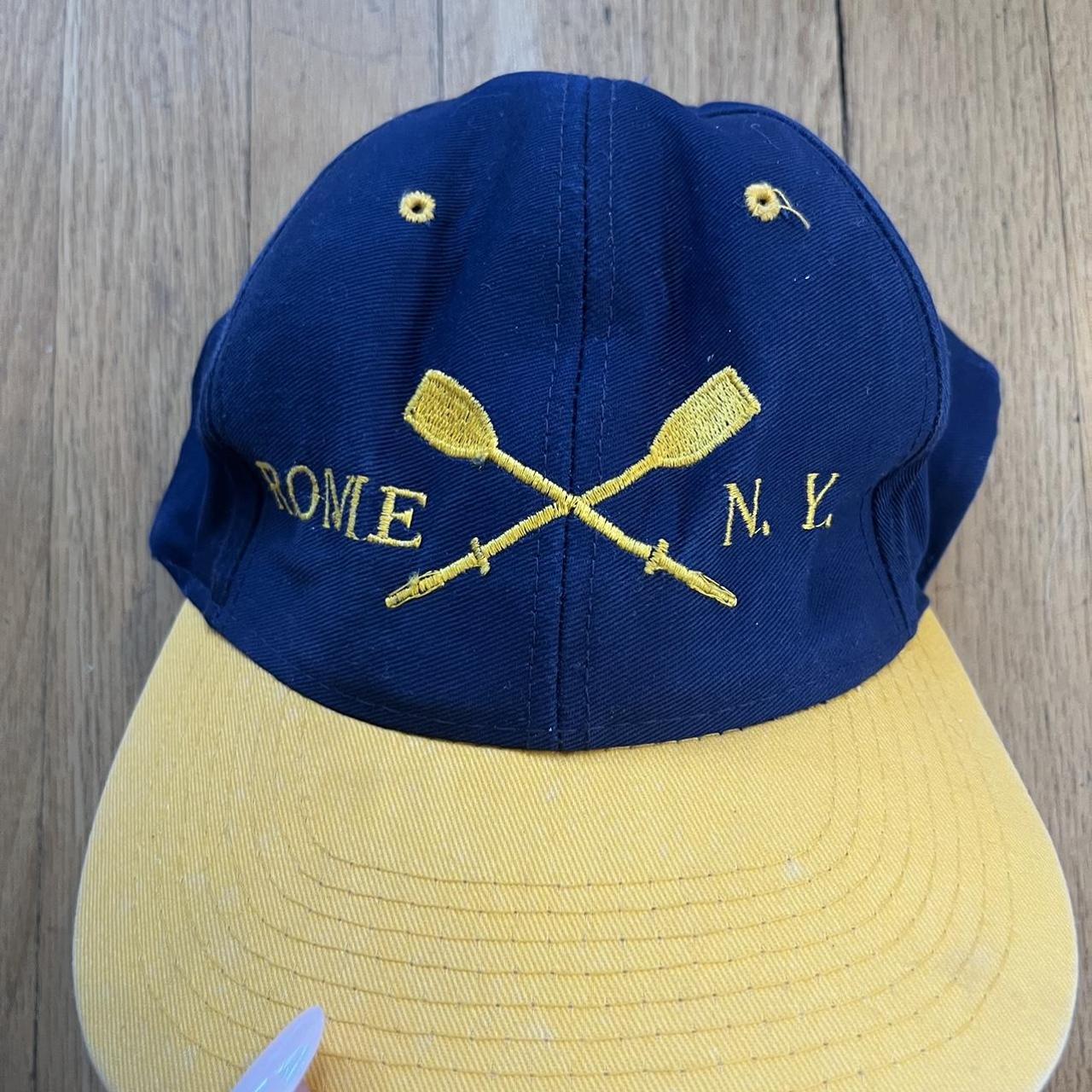 Women's Navy and Yellow Hat | Depop