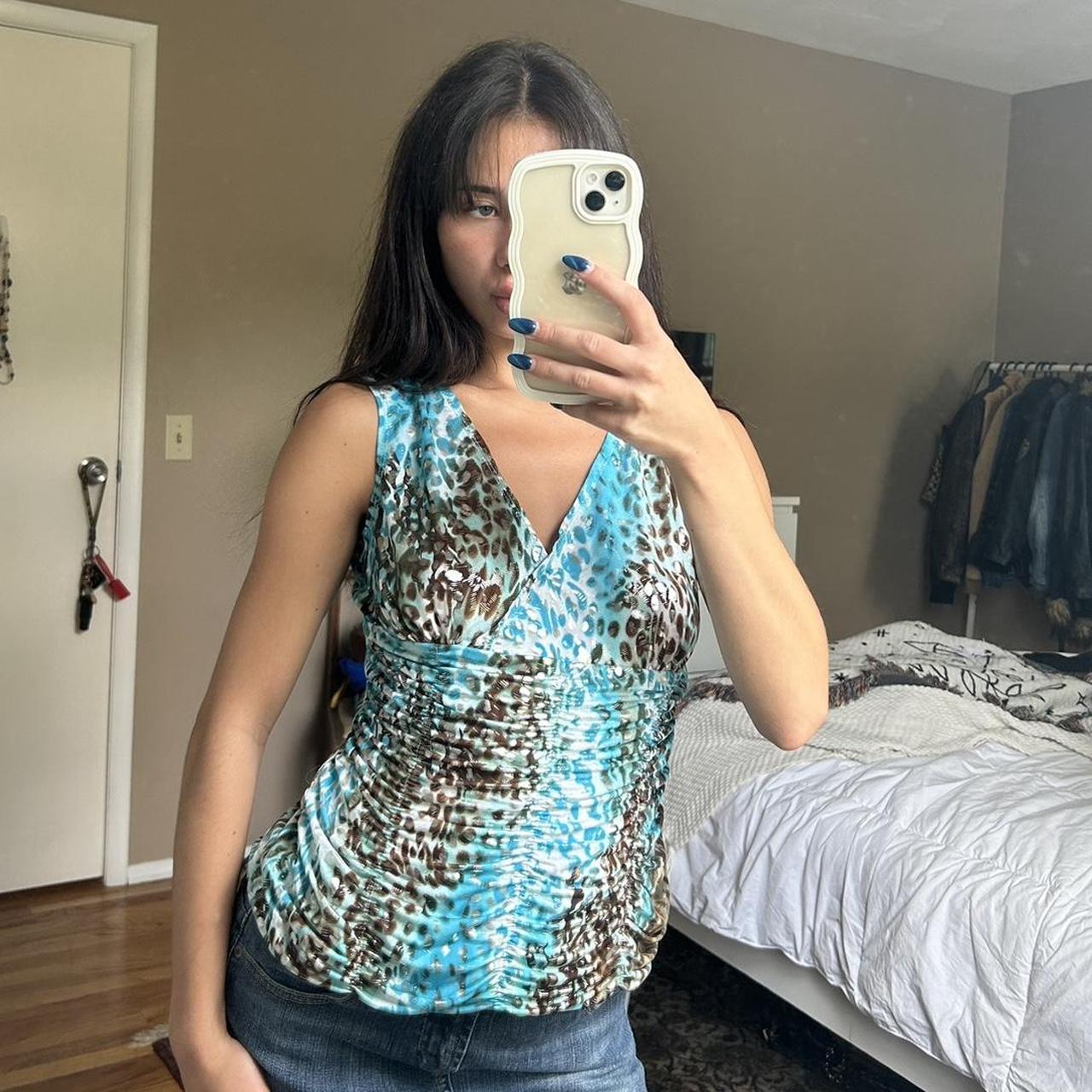 blue & brown metallic cheetah top so cute!!... - Depop
