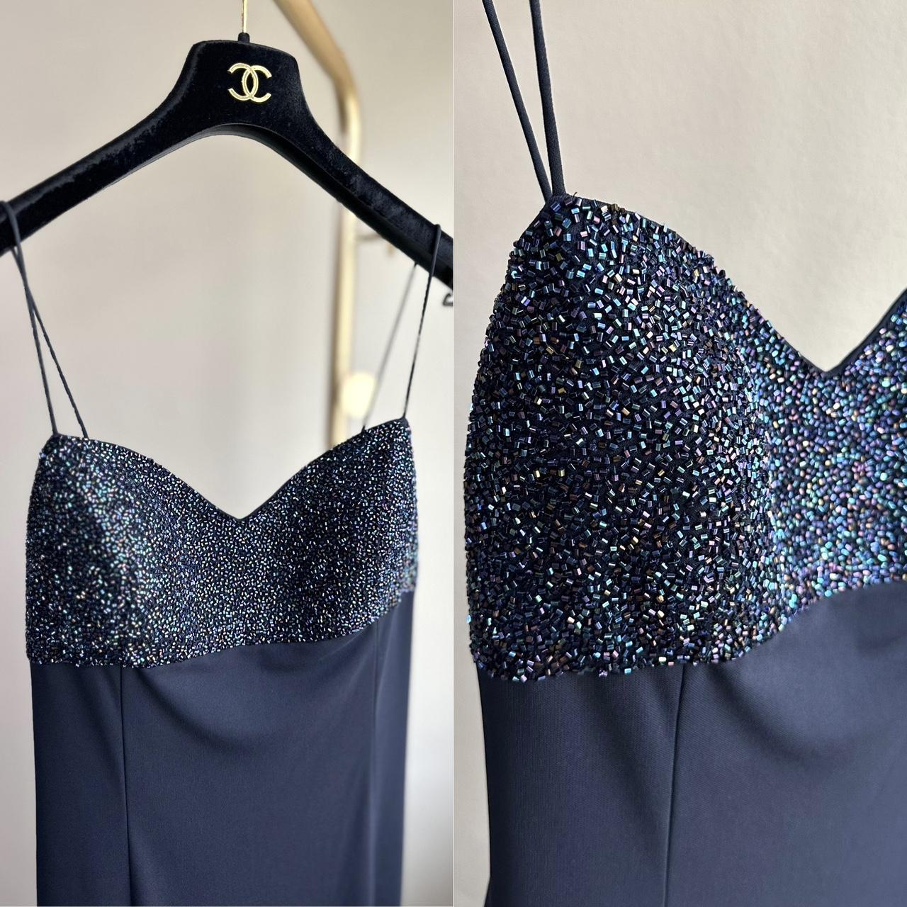 Y2K vintage navy blue beaded gown prom dress... - Depop