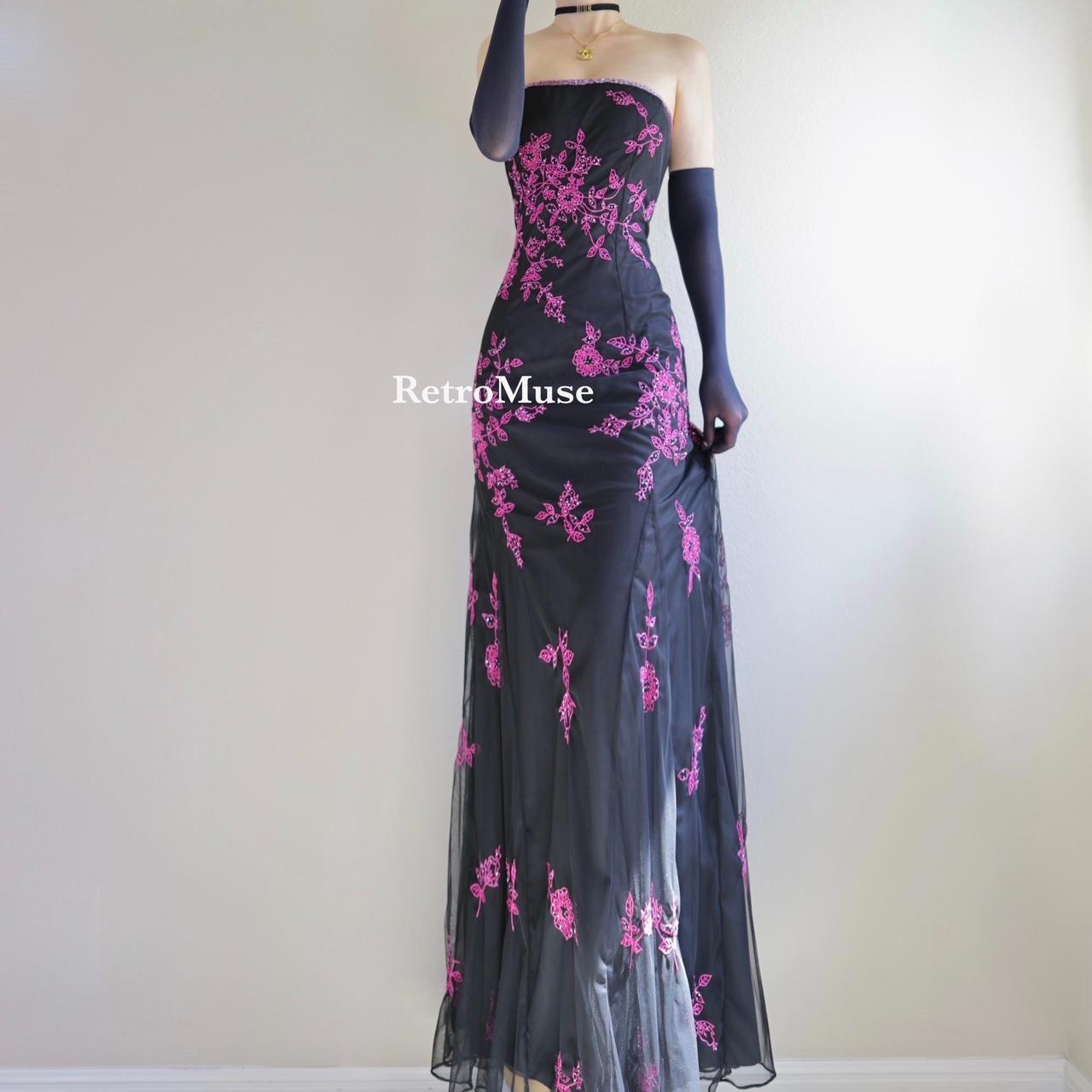 Y2K vintage pink beaded black mesh gown prom dress... - Depop